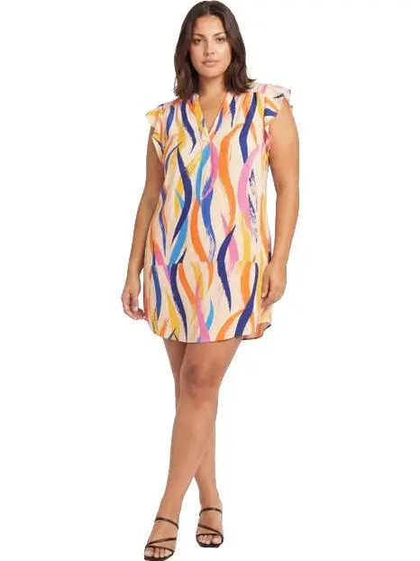 24SEVEN COMFORT APPAREL Abstract Print V-neck Mini Pocket Shift Dress - Orange Multi