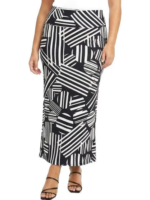 24SEVEN COMFORT APPAREL Maxi Skirt With Abstract Print And Foldover Waistband - Black Multi