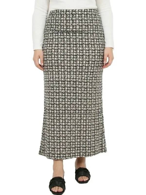 24SEVEN COMFORT APPAREL Geometric Print Foldover Waist Maxi Skirt - Black Multi