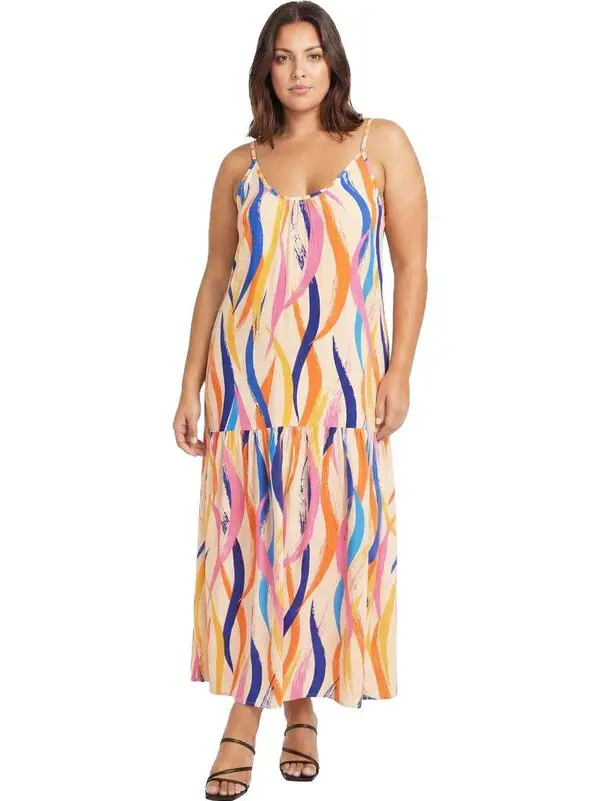 24SEVEN COMFORT APPAREL Abstract Print Spaghetti Strap Maxi Dress - Orange Multi
