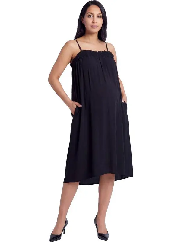 24SEVEN COMFORT APPAREL Maternity Smocked Maxi Dress With Spaghetti Straps - Black