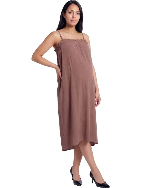 24SEVEN COMFORT APPAREL Maternity Smocked Maxi Dress With Spaghetti Straps - Mocha