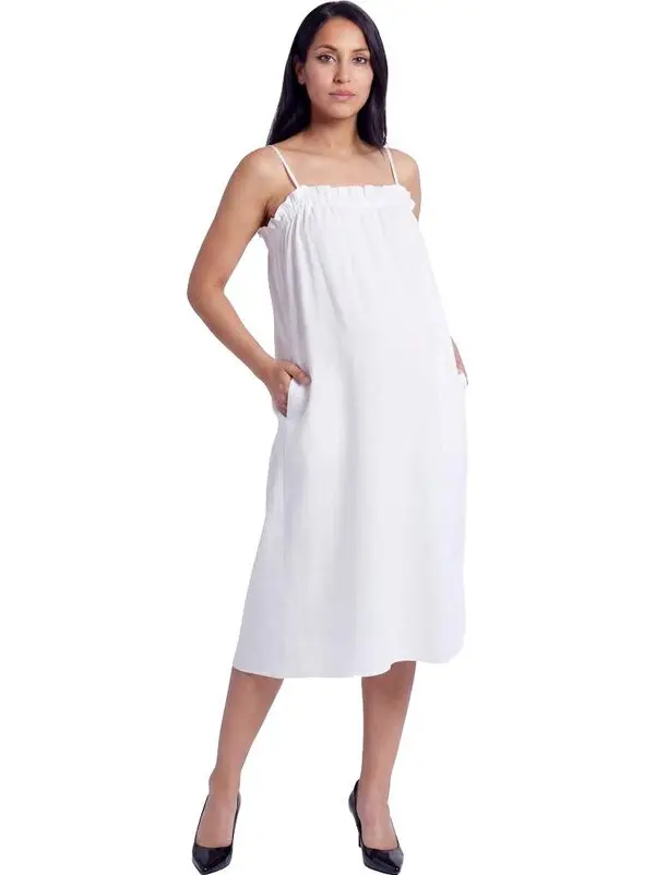 24SEVEN COMFORT APPAREL Maternity Smocked Maxi Dress With Spaghetti Straps - White