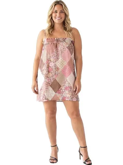 24SEVEN COMFORT APPAREL Patchwork Print Spaghetti Strap Smocked A-line Mini Dress - Pink Multi
