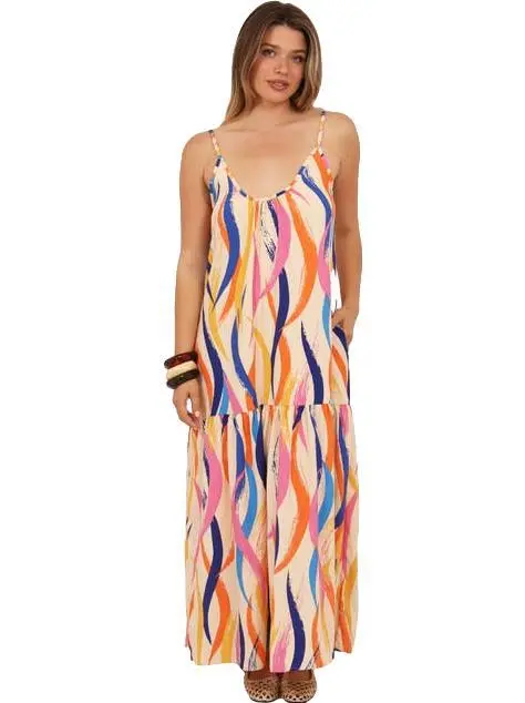 24SEVEN COMFORT APPAREL Abstract Print Spaghetti Strap Maxi Dress - Orange Multi