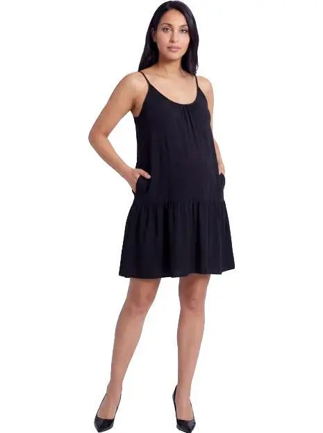 24SEVEN COMFORT APPAREL Maternity A-line Mini Dress With Spaghetti Straps And Pockets - Black
