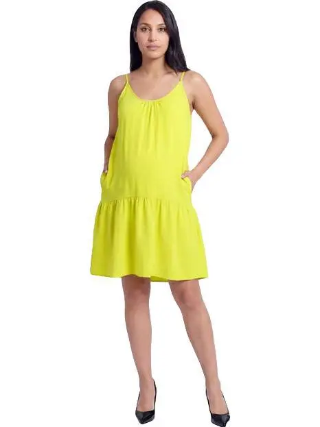 24SEVEN COMFORT APPAREL Maternity A-line Mini Dress With Spaghetti Straps And Pockets - Lime