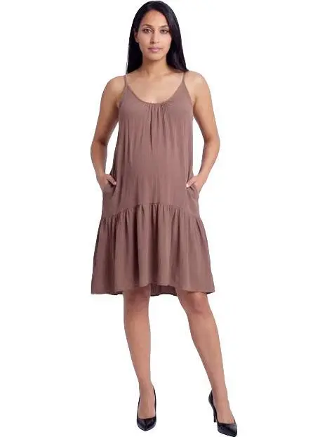 24SEVEN COMFORT APPAREL Maternity A-line Mini Dress With Spaghetti Straps And Pockets - Mocha