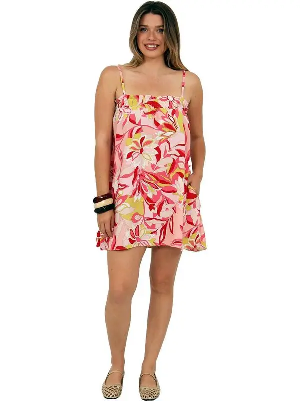 24SEVEN COMFORT APPAREL Floral Print Spaghetti Strap Smocked Mini Dress - Pink Multi