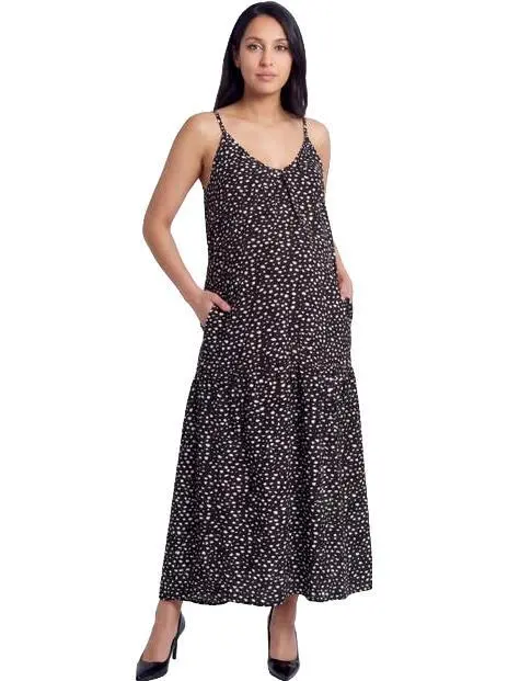 24SEVEN COMFORT APPAREL Maternity Polka Dot A-line Maxi Dress - Black Multi