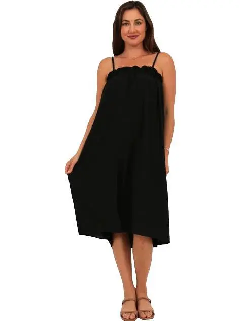 24SEVEN COMFORT APPAREL Spaghetti Strap Smocked A-line Maxi Dress - Black