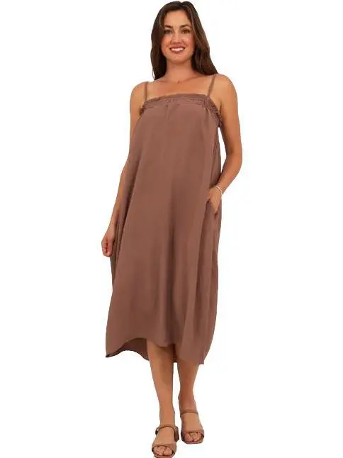 24SEVEN COMFORT APPAREL Spaghetti Strap Smocked A-line Maxi Dress - Mocha