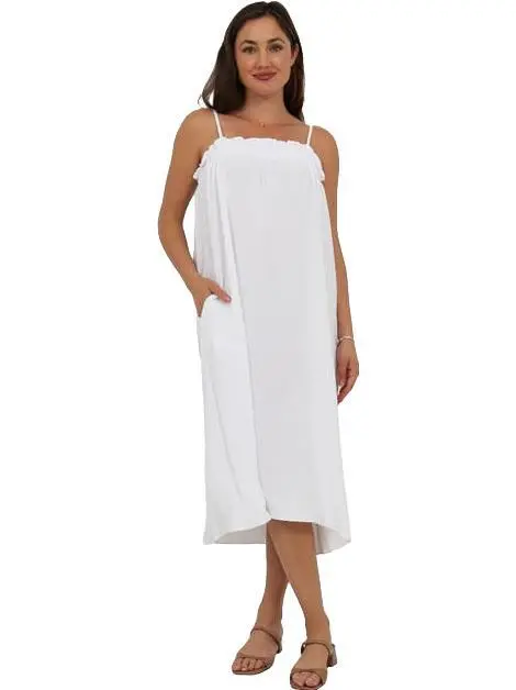 24SEVEN COMFORT APPAREL Spaghetti Strap Smocked A-line Maxi Dress - White