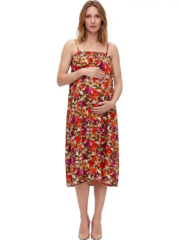 24SEVEN COMFORT APPAREL Maternity Abstract Floral Maxi Dress With Pockets And Smocked Bodice - Red Multi