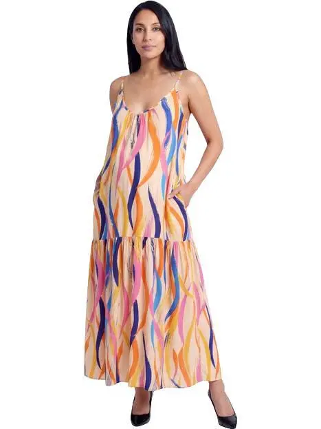 24SEVEN COMFORT APPAREL Abstract Print A-line Maxi Dress With Spaghetti Straps - Orange Multi