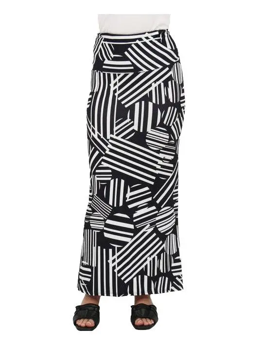 24SEVEN COMFORT APPAREL Abstract Print Foldover Waist Maxi Skirt - Black Multi