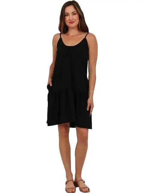 24SEVEN COMFORT APPAREL A-line Mini Dress With Spaghetti Straps And Pockets - Black