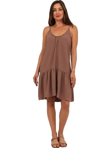 24SEVEN COMFORT APPAREL A-line Mini Dress With Spaghetti Straps And Pockets - Mocha