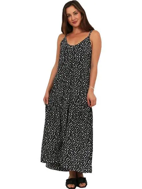 24SEVEN COMFORT APPAREL Essential Polka Dots Print Maxi Dress - Black Multi