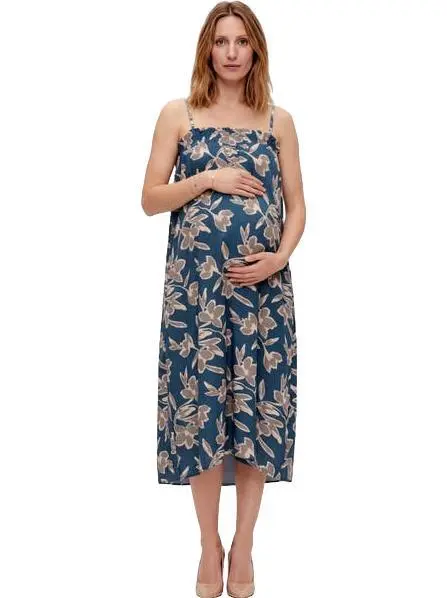 24SEVEN COMFORT APPAREL Maternity Floral Print A-line Maxi Dress - Blue Multi