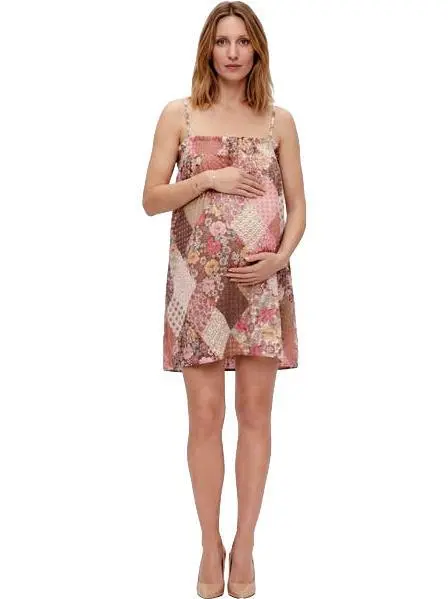 24SEVEN COMFORT APPAREL Maternity Smocked Patchwork Print A-line Mini Dress - Pink Multi