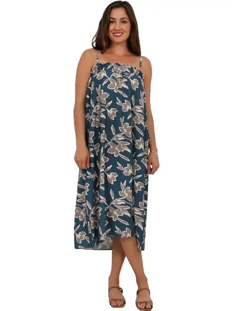 24SEVEN COMFORT APPAREL Floral Print Spaghetti Strap A-line Maxi Dress - Blue Multi