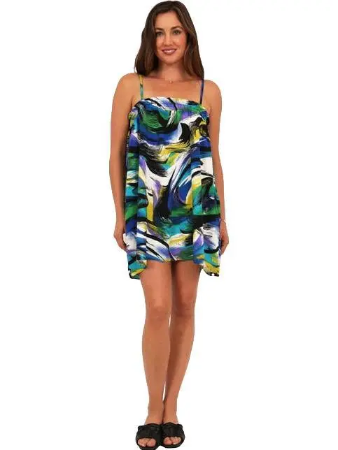 24SEVEN COMFORT APPAREL Abstract Print Smocked A-line Mini Dress - Blue Multi