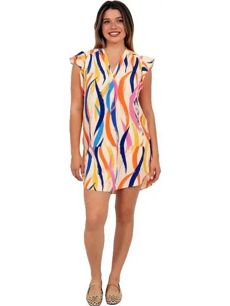 24SEVEN COMFORT APPAREL Abstract Print V-neck Mini Pocket T-shirt Dress - Orange Multi