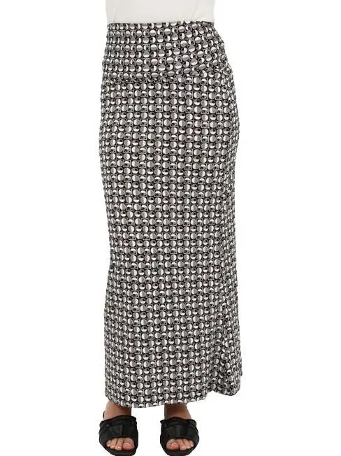 24SEVEN COMFORT APPAREL Geometric Print Foldover Waist Maxi Skirt - Black Multi