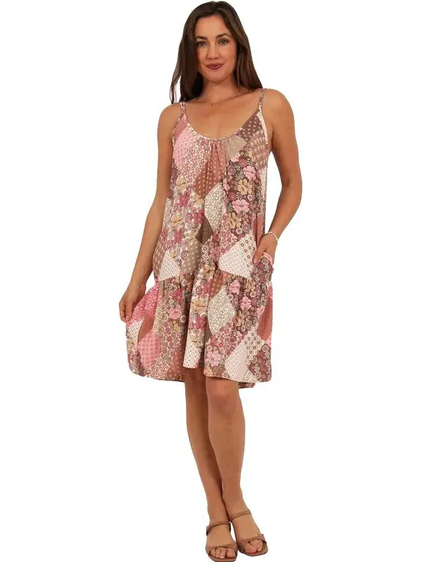 24SEVEN COMFORT APPAREL Patchwork A-line Mini Dress With Spaghetti Straps - Pink Multi