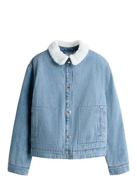 H&m Collared Denim Jacket With Teddy Collar - Denim Blue