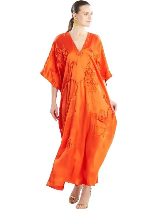 Natori Couture Mokuren Embroidered Silk Caftan - Blood Orange