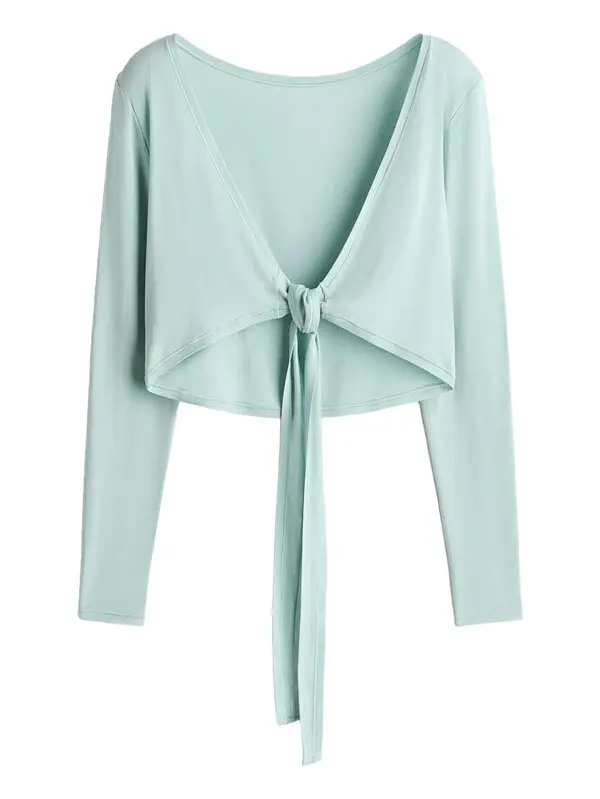 H&m Cropped Long-sleeve Yoga Top With Deep V-neck And Tie Front - Amazonite Blue