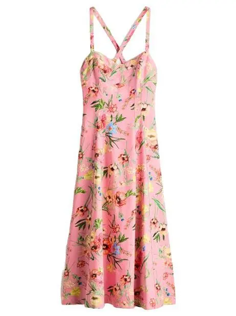 H&m Flared Linen-blend Floral Print Midi Dress - Light Pink/floral