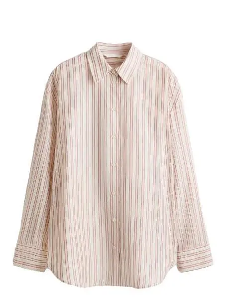H&m Oversized Lyocell-blend Striped Shirt - Light Pink/striped