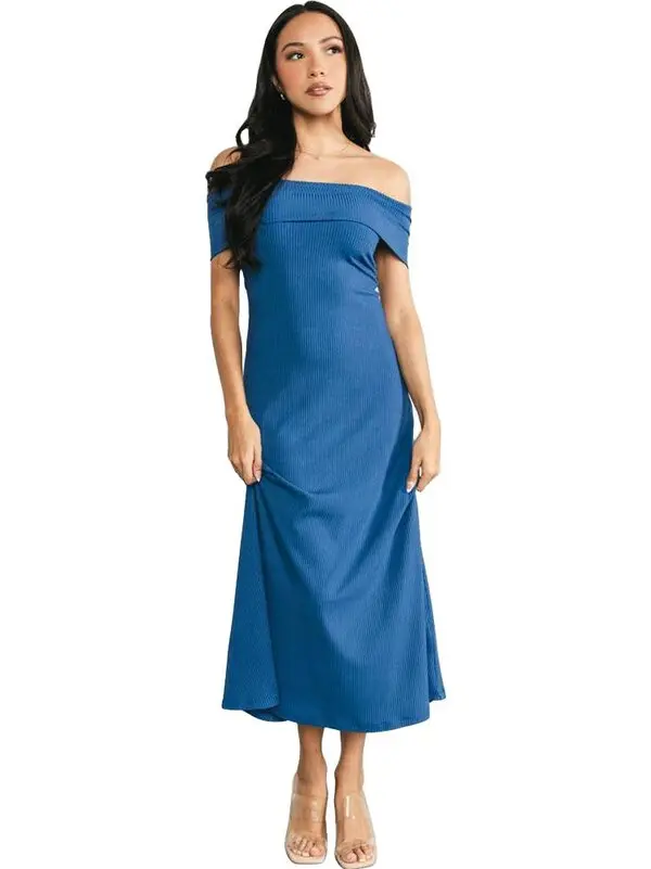 BALTIC BØRN Baltic Born Ribbed Off-the-shoulder Midi Dress - Navy