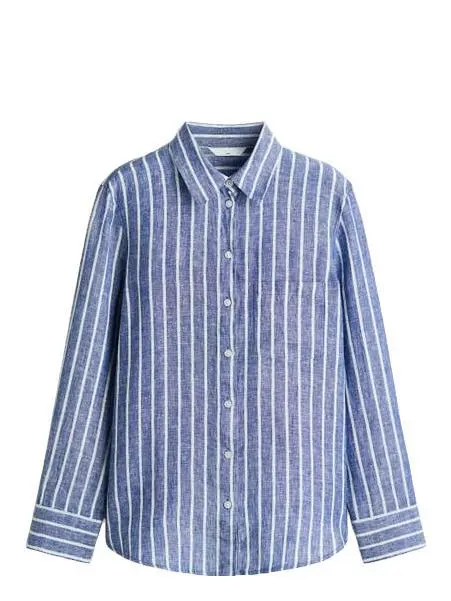 H&m Linen Shirt With Classic Collar And Button-up Front - Blue/striped