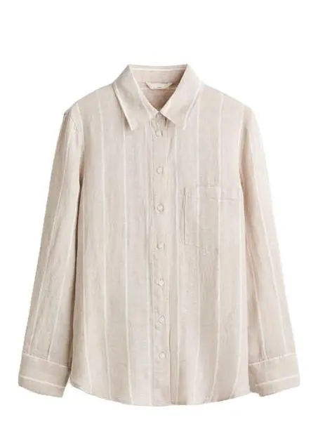 H&m Linen Shirt With Classic Collar And Button-up Front - Light Beige/white Striped
