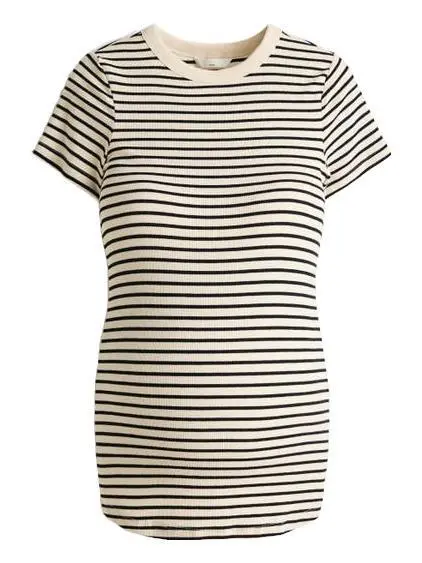 H&m Mama Ribbed Knit Top With Round Neck - Cream/black Striped