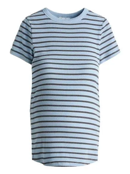 H&m Mama Ribbed Knit Top With Round Neck - Light Blue/striped