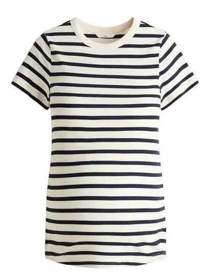 H&m Mama Ribbed Knit Top With Round Neck - White/striped