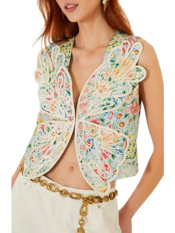 Farm Rio Embroidered Linen Vest - Off-white