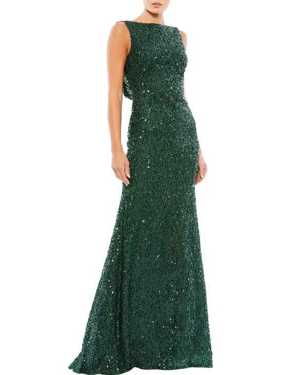 Mac Duggal Petite Sequin Sleeveless Draped Back Evening Gown - Emerald