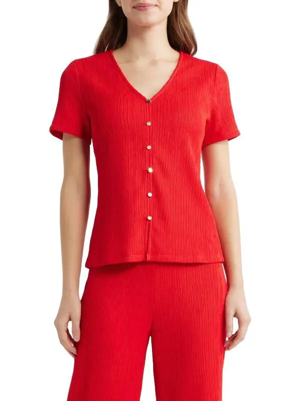 Anne Klein Short Sleeve Knit Button-up Shirt - Begonia Red