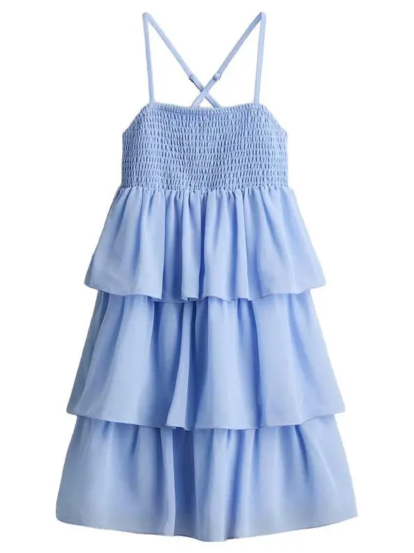 H&m Tiered Chiffon Dress With Smocked Bodice - Light Blue