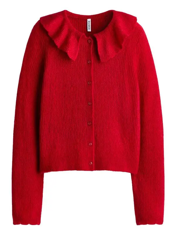H&m Ribbed Cardigan With Scalloped Peter Pan Collar - Red