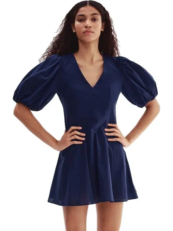 H&m Balloon Sleeve V-neck Cotton Dress - Navy Blue