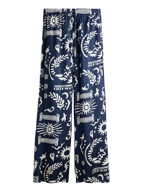 H&m Satin Wide-leg Trousers - Navy Blue/patterned