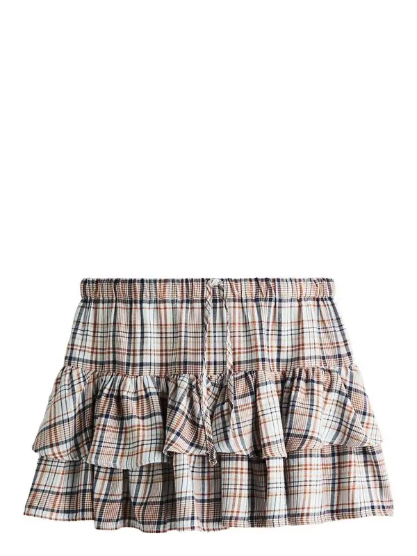 H&m Tiered Drawstring Mini Skirt - Light Blue/plaid