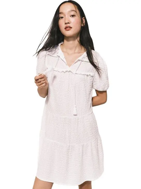 H&m Crinkled Jersey Dress With Ruffled Neckline And Tassels - White